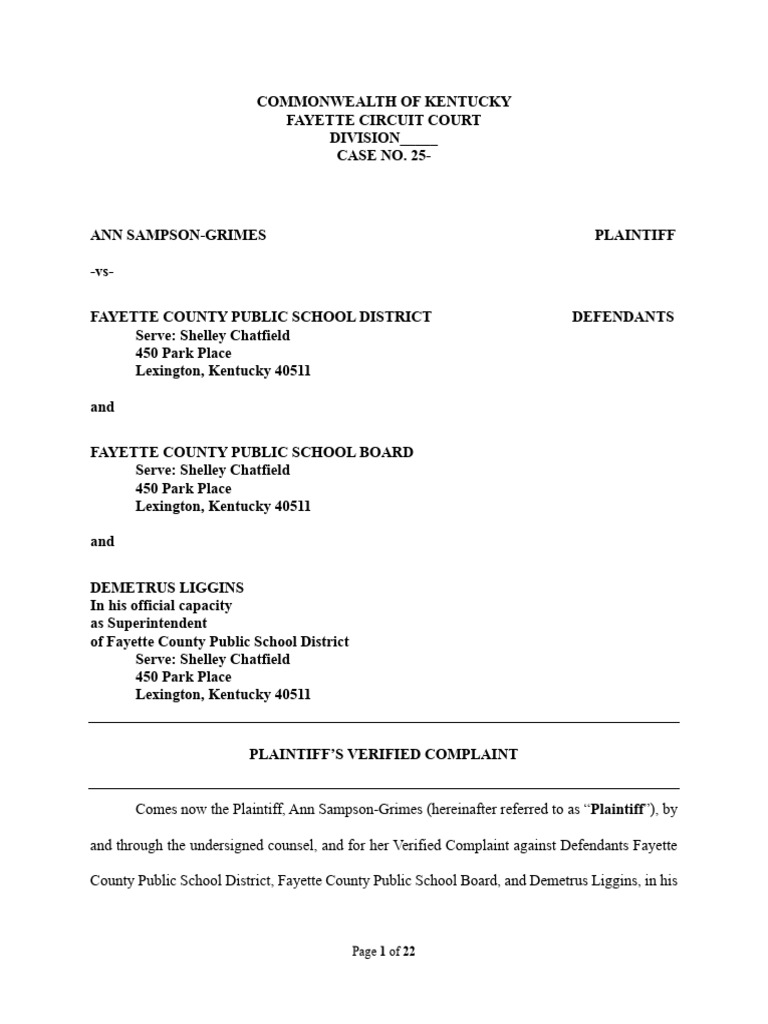 Ann Sampson-Grimes vs. Fayette Schools Lawsuit | PDF | Legal Remedy ...