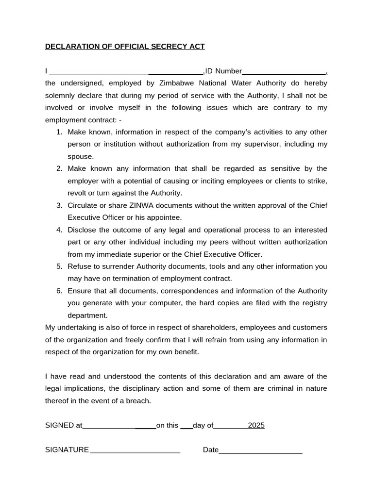 Official Secrecy Declaration for ZINWA | PDF