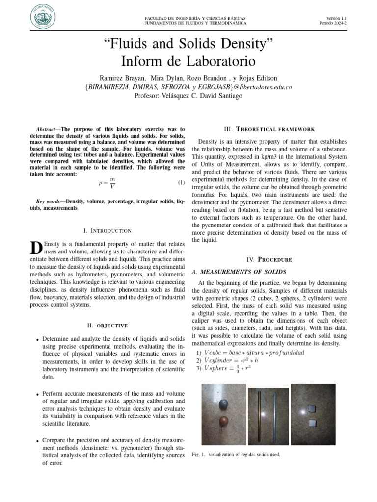 Fluids and Solids Density Inform de Laboratorio | PDF | Density | Volume