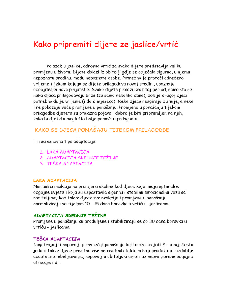 Kako Pripremiti Dijete Za Vrtic | PDF
