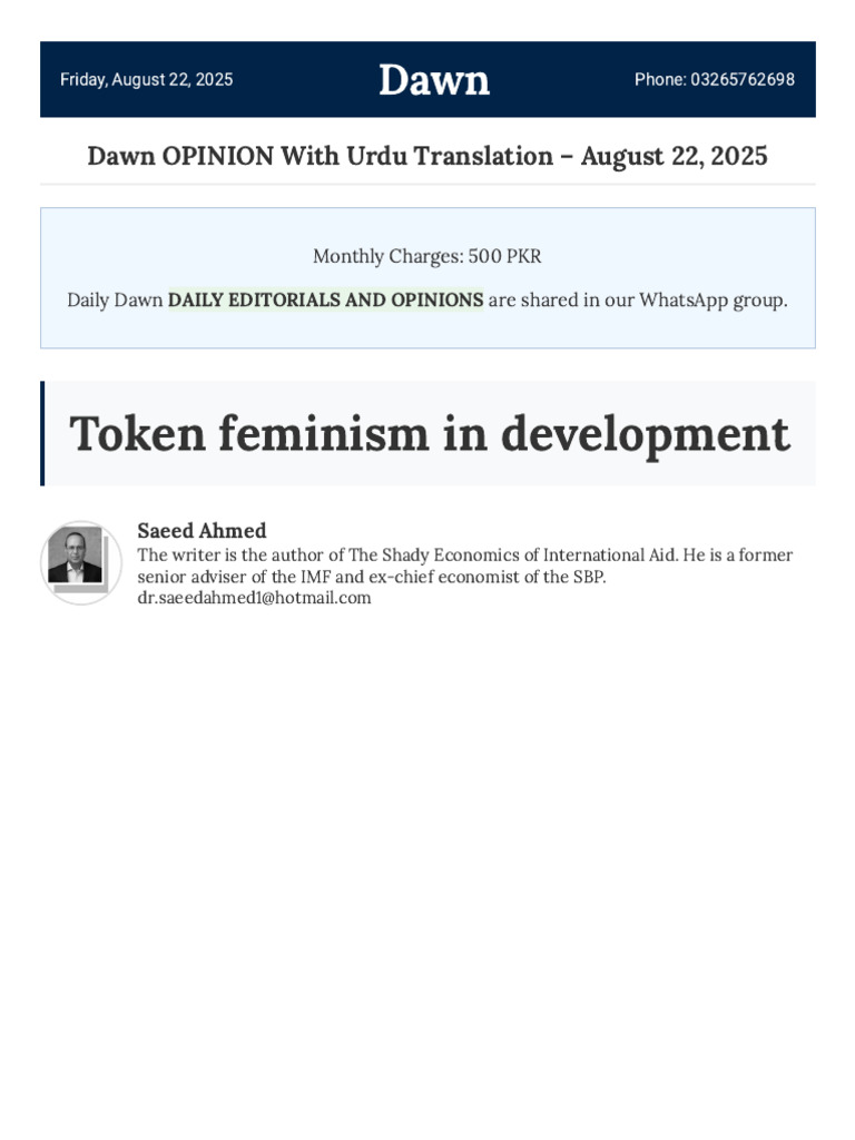Dawn OPINION Token Feminism in Development - August 22, 2025 | PDF