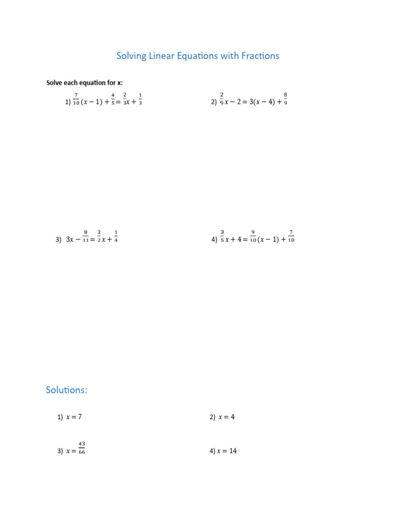 Solving Linear Equations With Fractions Practice | PDF