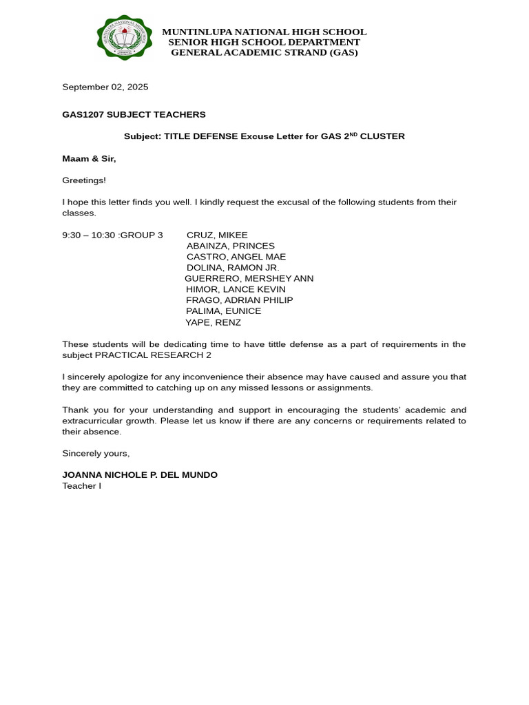 Excuse Letter Stemazing | PDF