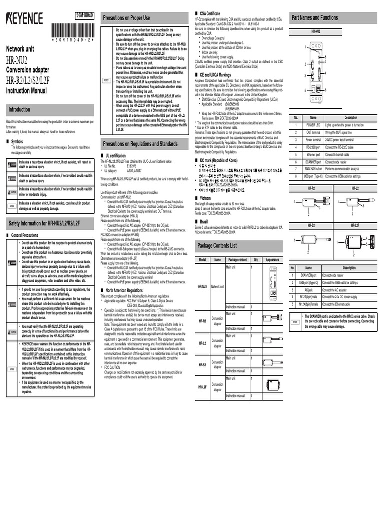 HR-NU2 HR-R2/L2/S2/L2F: Network Unit Conversion Adapter Instruction Manual | PDF | Power Supply ...