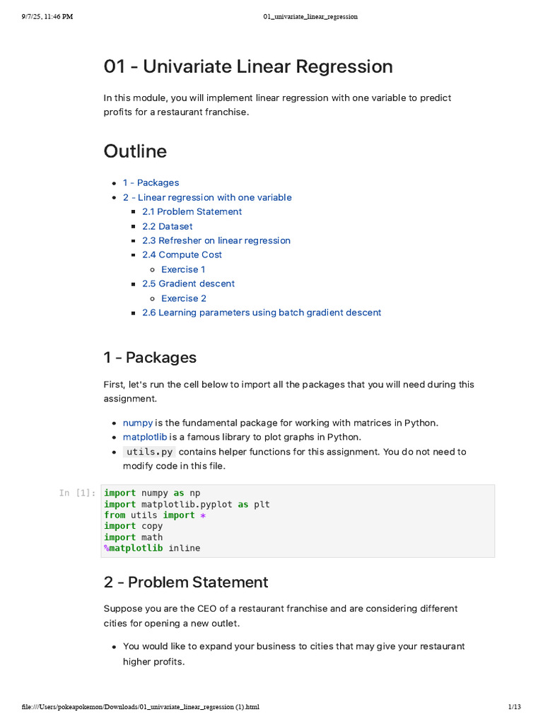 01 Univariate Linear Regression | PDF | Regression Analysis | Linear ...