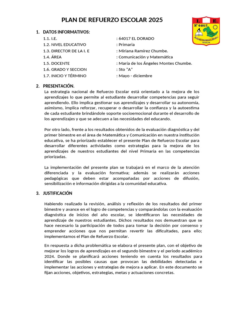 Plan Refuerzo Escolar-Esquema 2025 PARA IMPRIMIR | PDF | Decimal | Evaluación