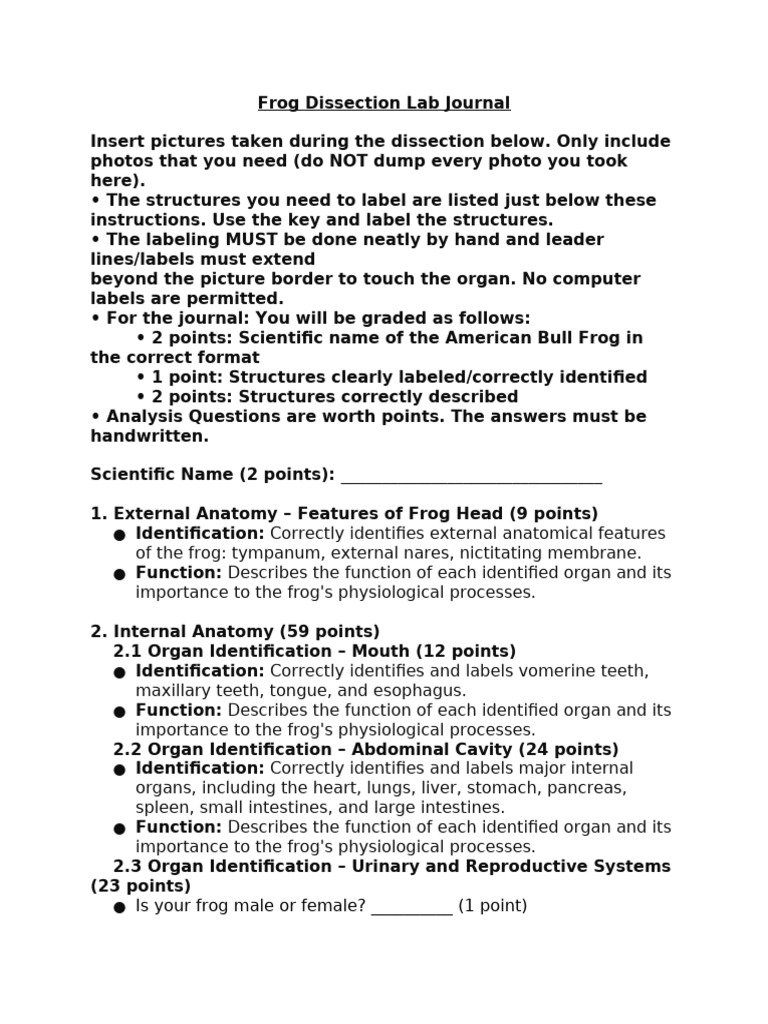 Frog Dissection Lab Journal Guide | PDF | Anatomy | Frog