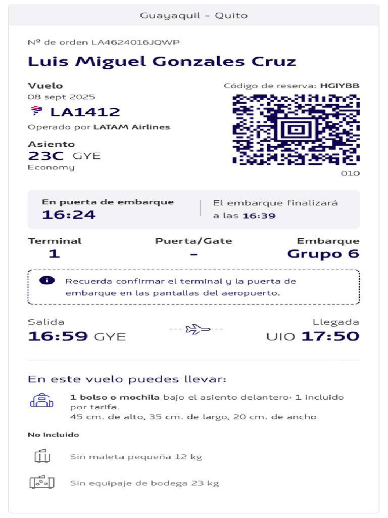 Tarjeta de Embarque Luis Miguel G LA1412 | PDF