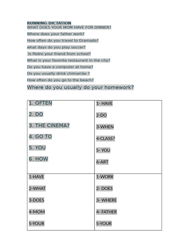 Running Dictation Questions List | PDF