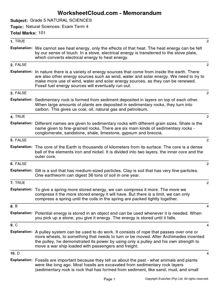 Grade 5 Natural Science Term 4 Memo | PDF | Sedimentary Rock | Rock ...