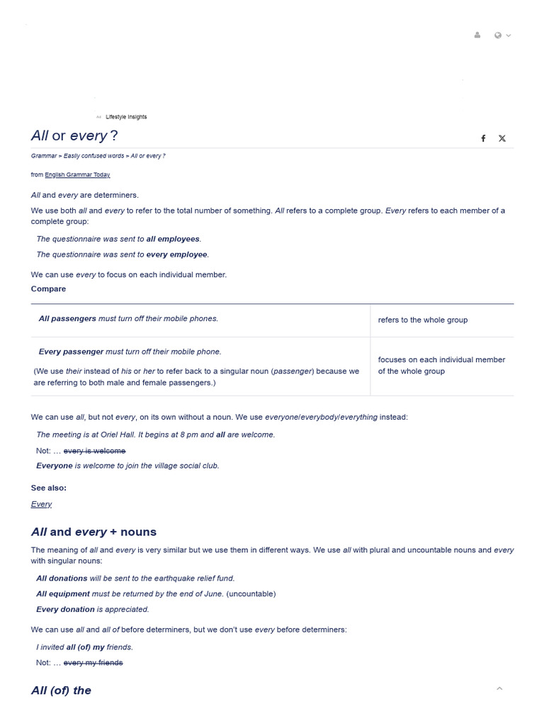 All vs. Every: Grammar Guide | PDF | Noun | Linguistics