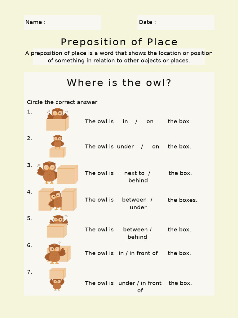 Prepositions of Place Worksheet | PDF