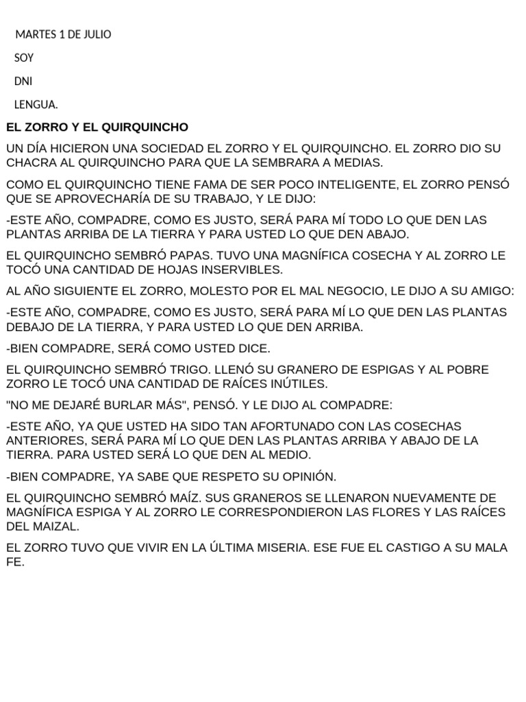 Fábula del Zorro y el Quirquincho | PDF