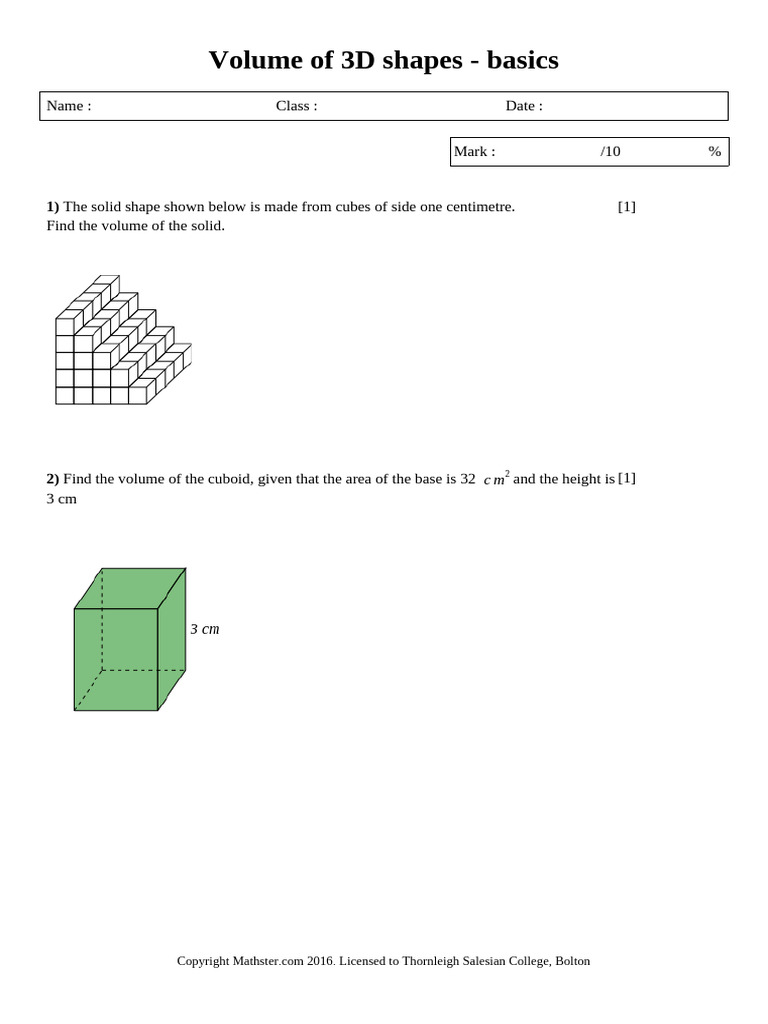 Volume of 3D Shapes - Basics - 3 | PDF