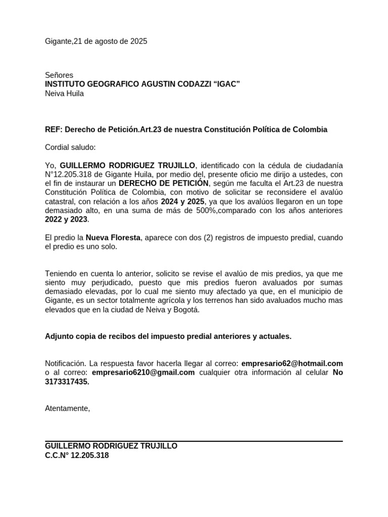 Carta Agustin Codazzi 2025 | PDF