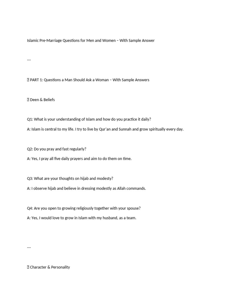 Islamic Pre-Marriage Questions Guide | PDF | Marriage | Hijab