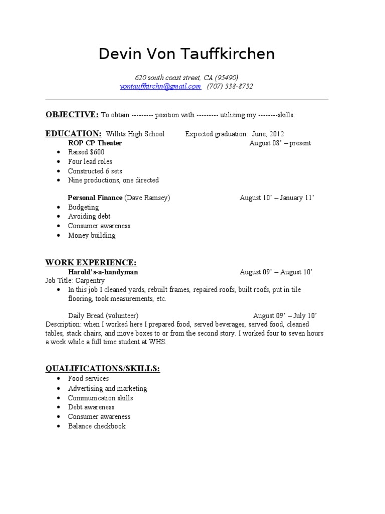 Devin Von Tauffkirchen's Resume | PDF | Skill | Boy Scouts Of America