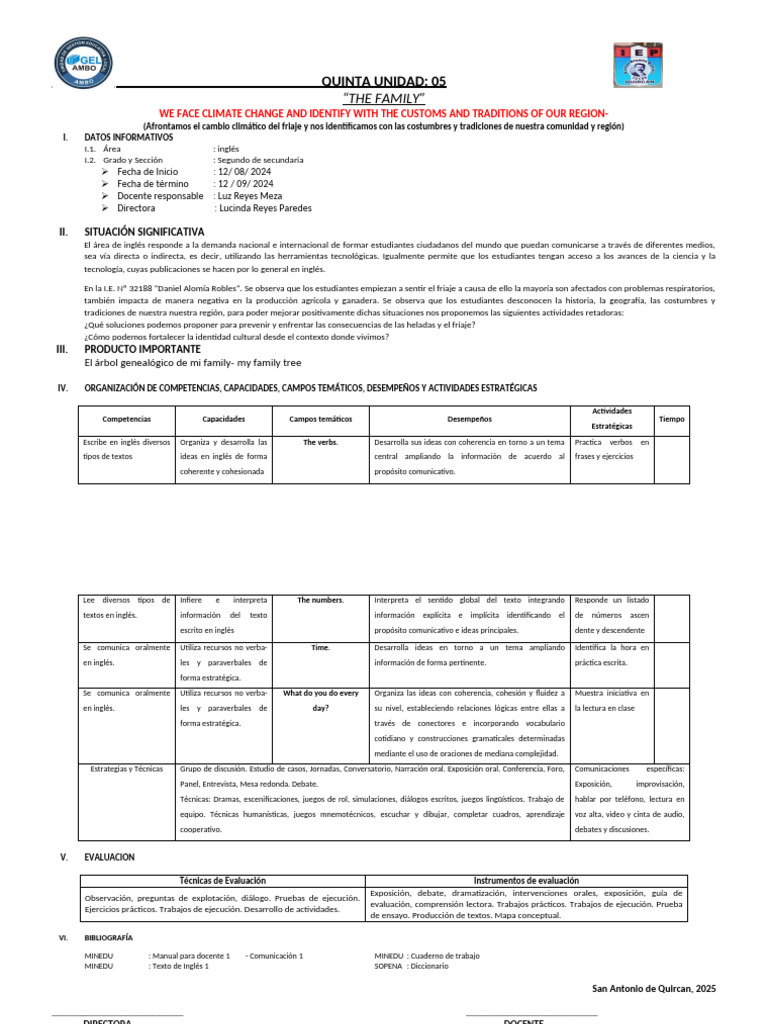 Unidad-05 de -3ro y 4to Ingles-2025 Bellaluz | PDF | Evaluación