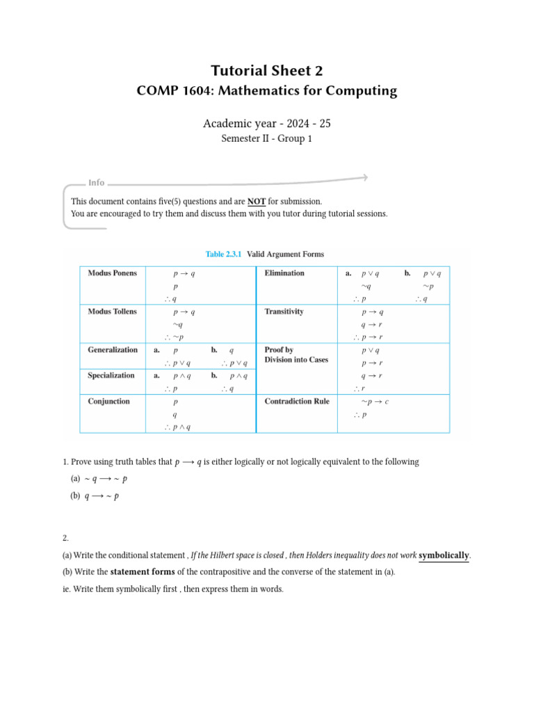 COMP 1604 Tutorial Sheet 2 | PDF | Argument | Logical Consequence