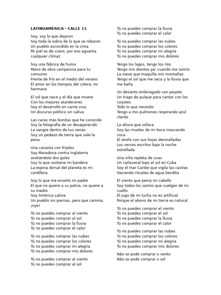 Letra de "Latinoamérica" - Calle 13 | PDF
