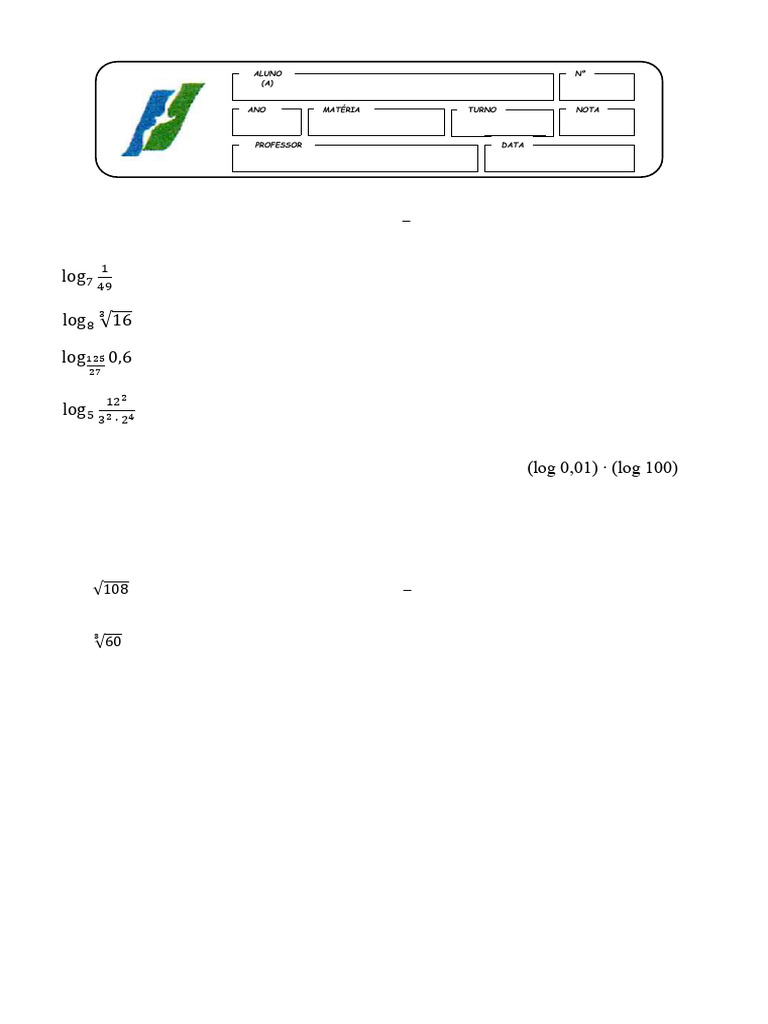 Logaritmo - Lista de Exercícios | PDF