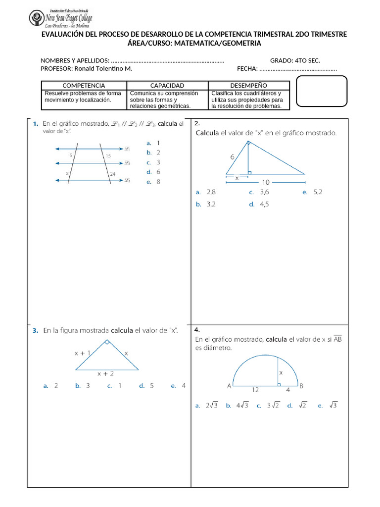Eval Mensual 4to Mate y Raz Mat | PDF | Álgebra | Matemáticas