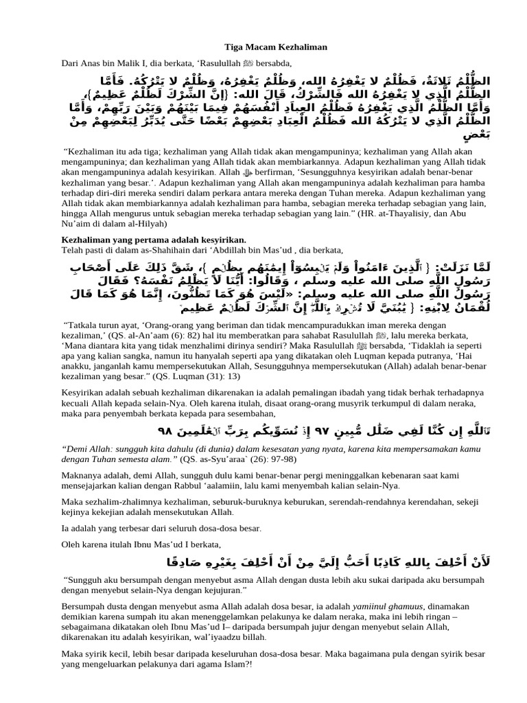 Tiga Jenis Kezhaliman dalam Islam | PDF