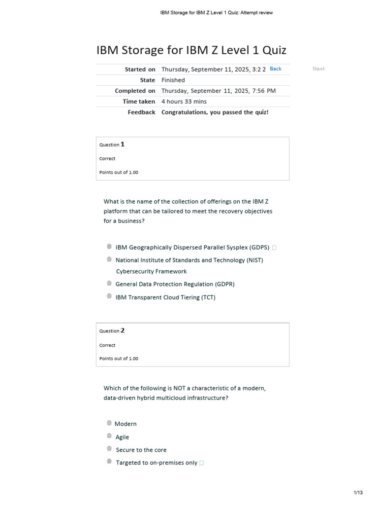 IBM Storage For IBM Z Level 1 Quiz - Attempt Rv2 | PDF | Cloud ...