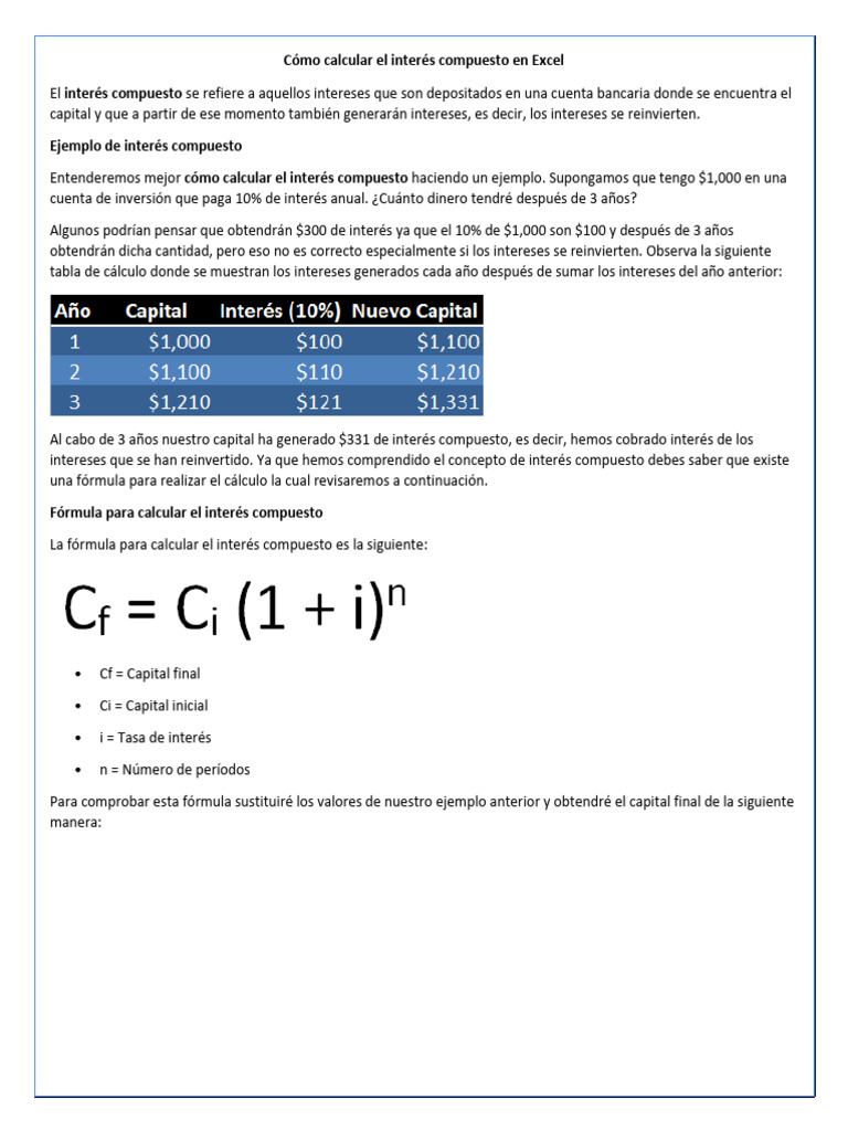 Calcular interés compuesto en Excel | PDF | Interés | Interés compuesto