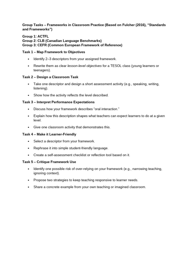 Classroom Frameworks for TESOL Tasks | PDF