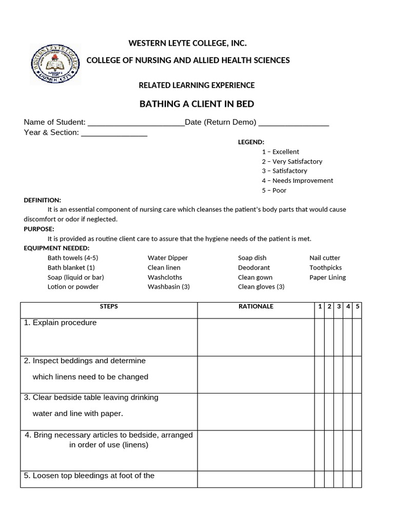Bathing A Client in Bed Procedural Checklist 1 | PDF | Hygiene