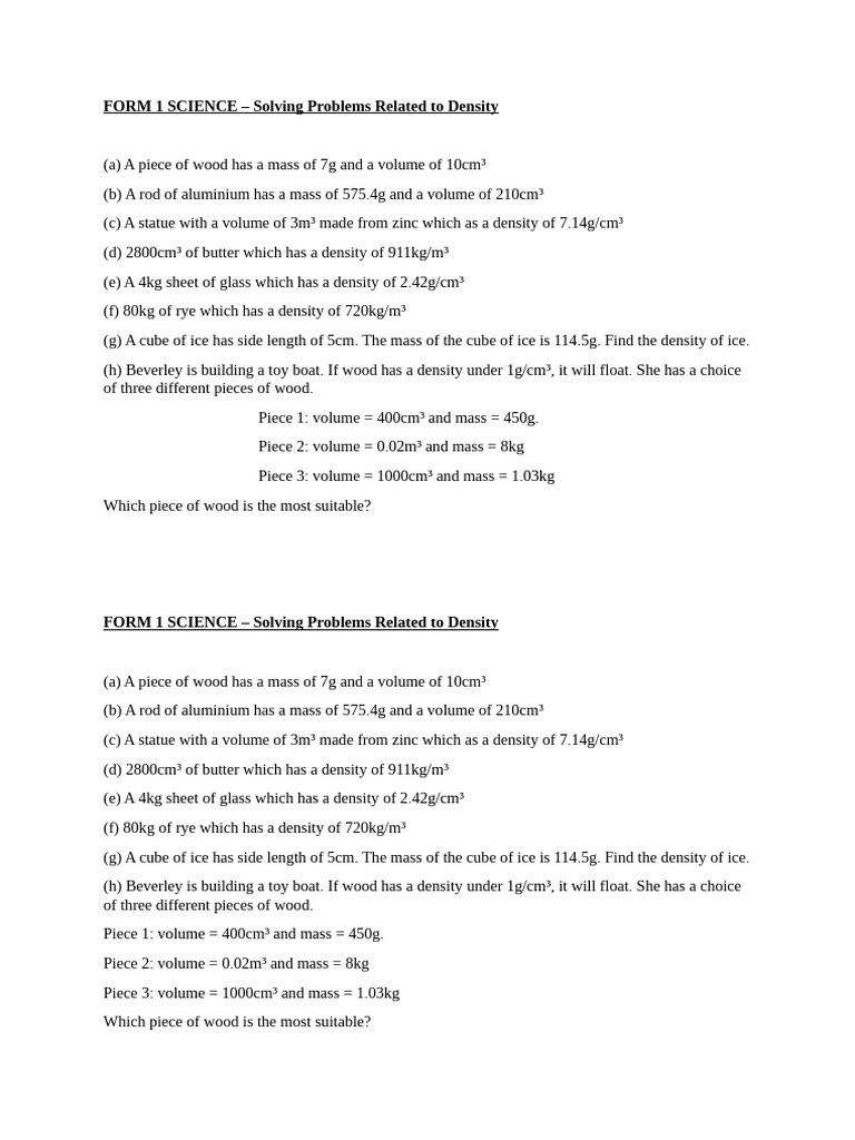 Density Problems for Grade 8 Students | PDF