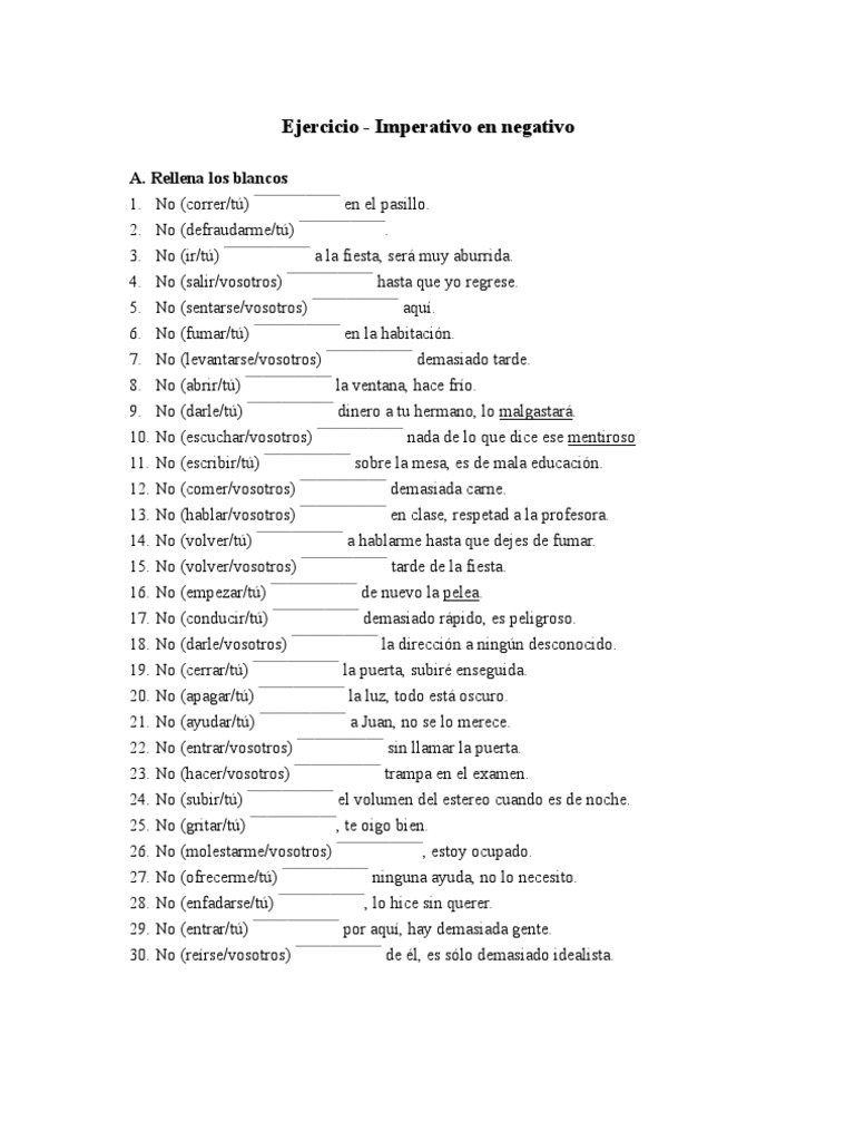 Ejercicios de Imperativo Negativo | PDF