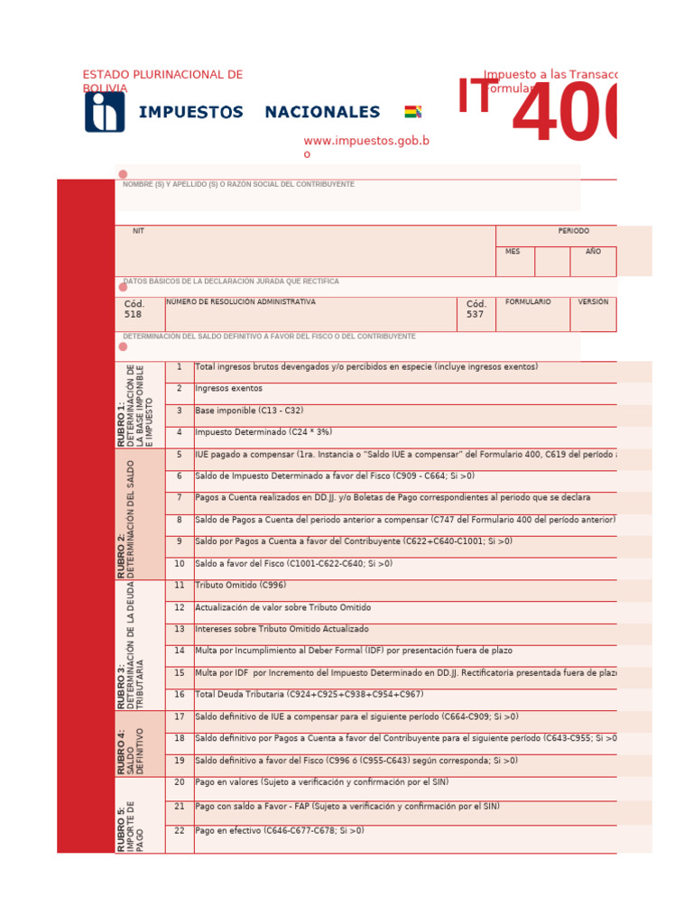 Instructivo Formulario 400 - Impuesto IT | PDF | Impuestos | Multa (pena)