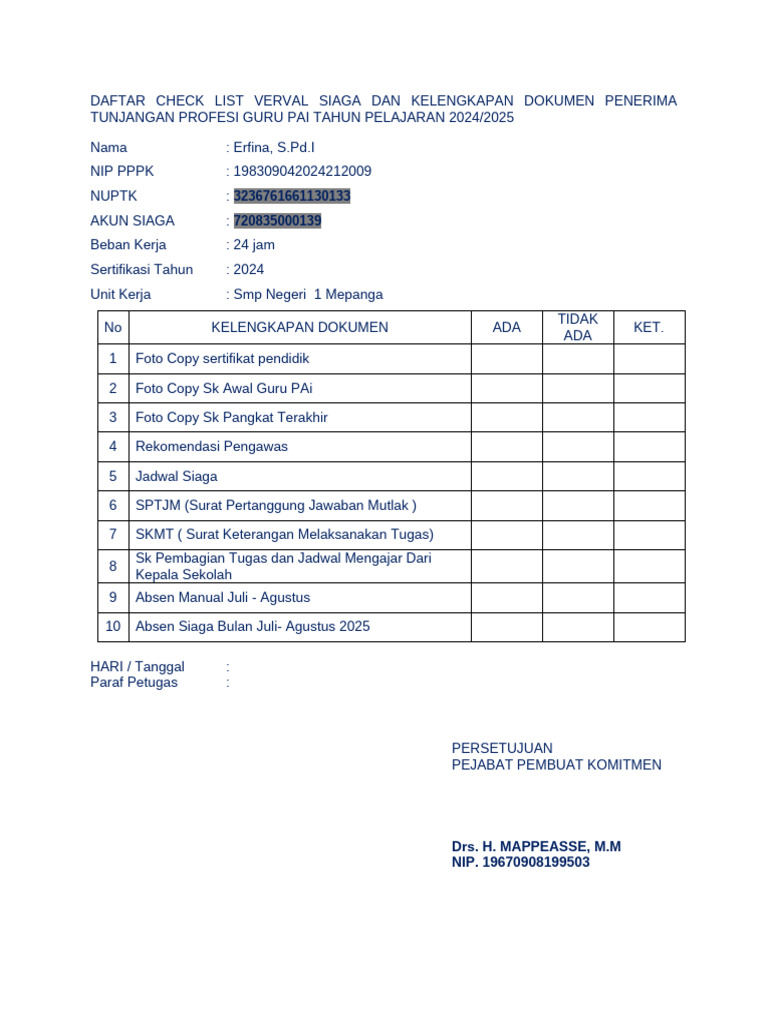 Daftar Check List Verval Siaga Dan Kelengkapan Dokumen Penerima ...