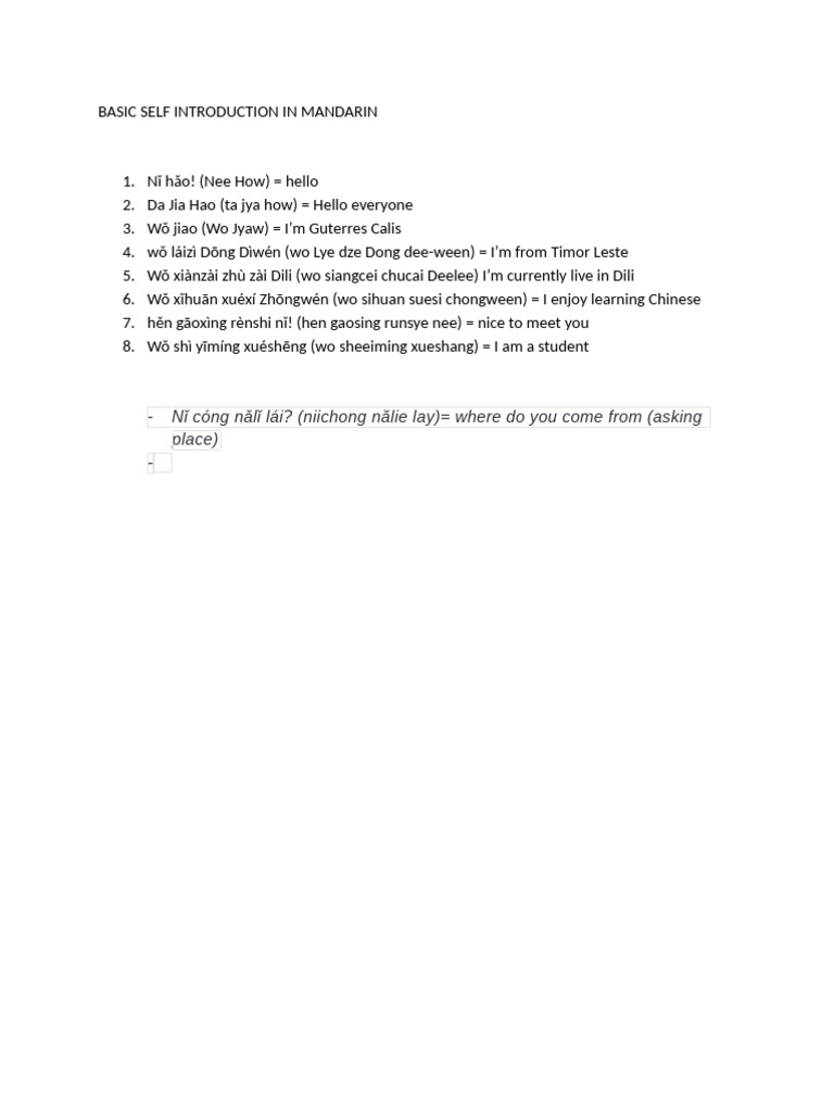 Basic Self Introduction In Mandarin Pdf
