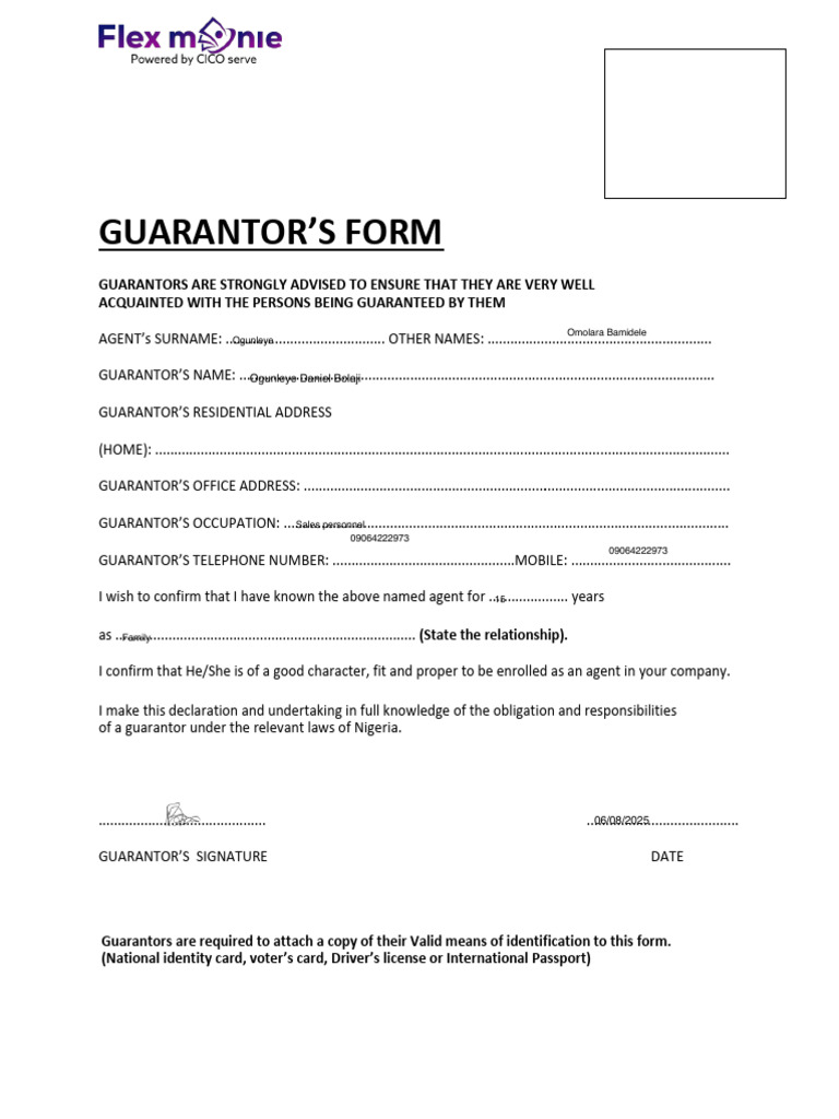 Guarantor Form for Agent Enrollment | PDF | Identity Document | Access ...