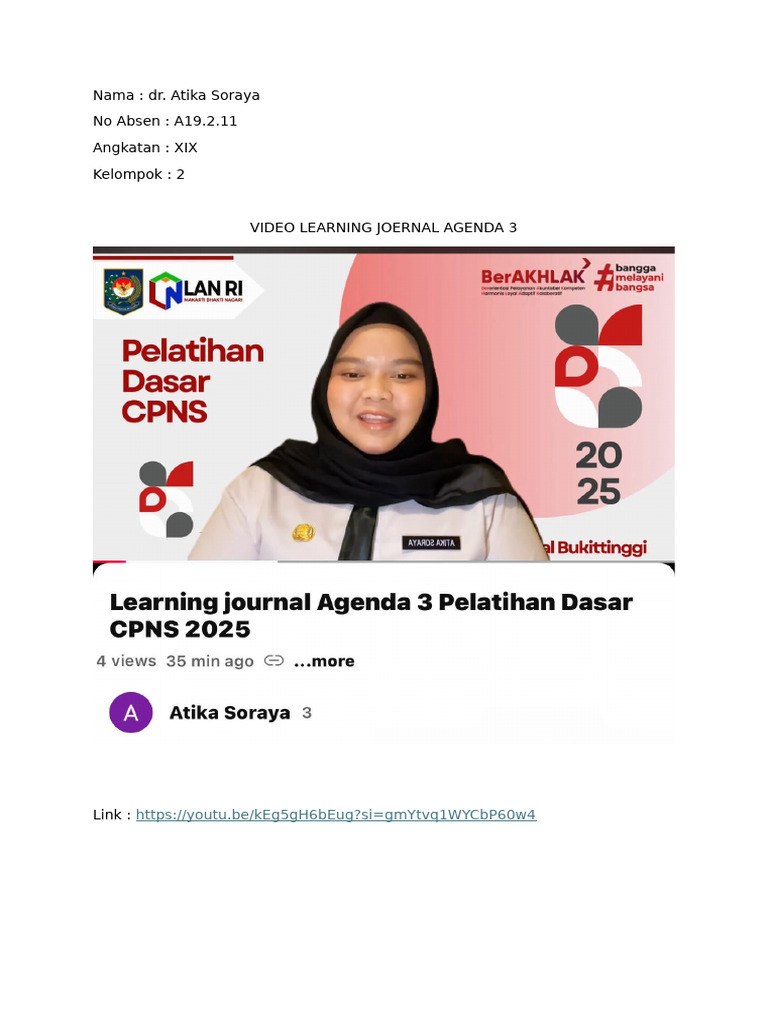 Video Learning Journal Agenda 3 - A19.2.11. Dr. Atika Soraya | PDF