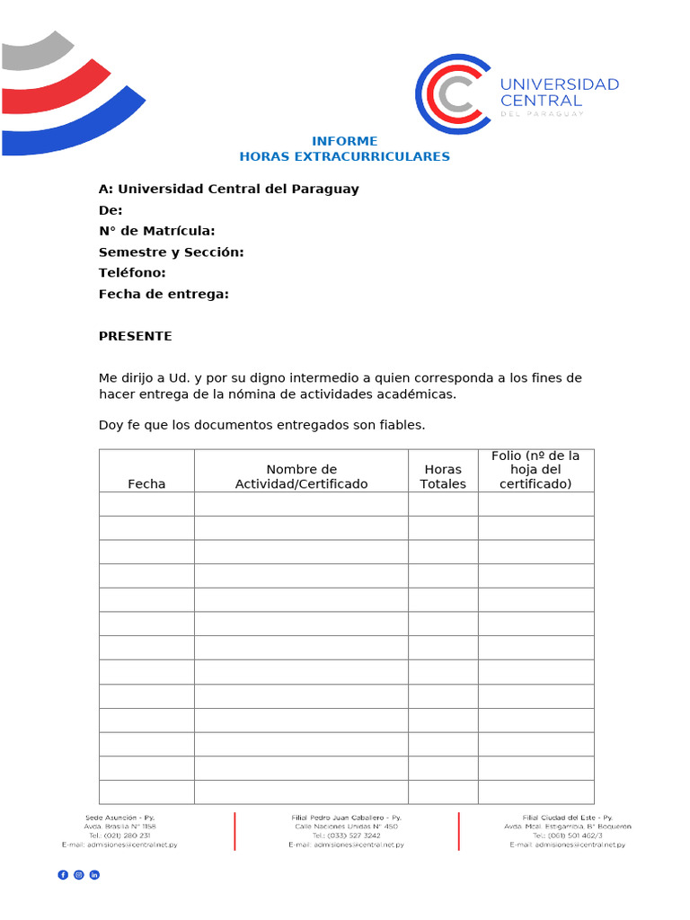 MODELO - Informe de Entrega de Horas Complementarias CDE | PDF