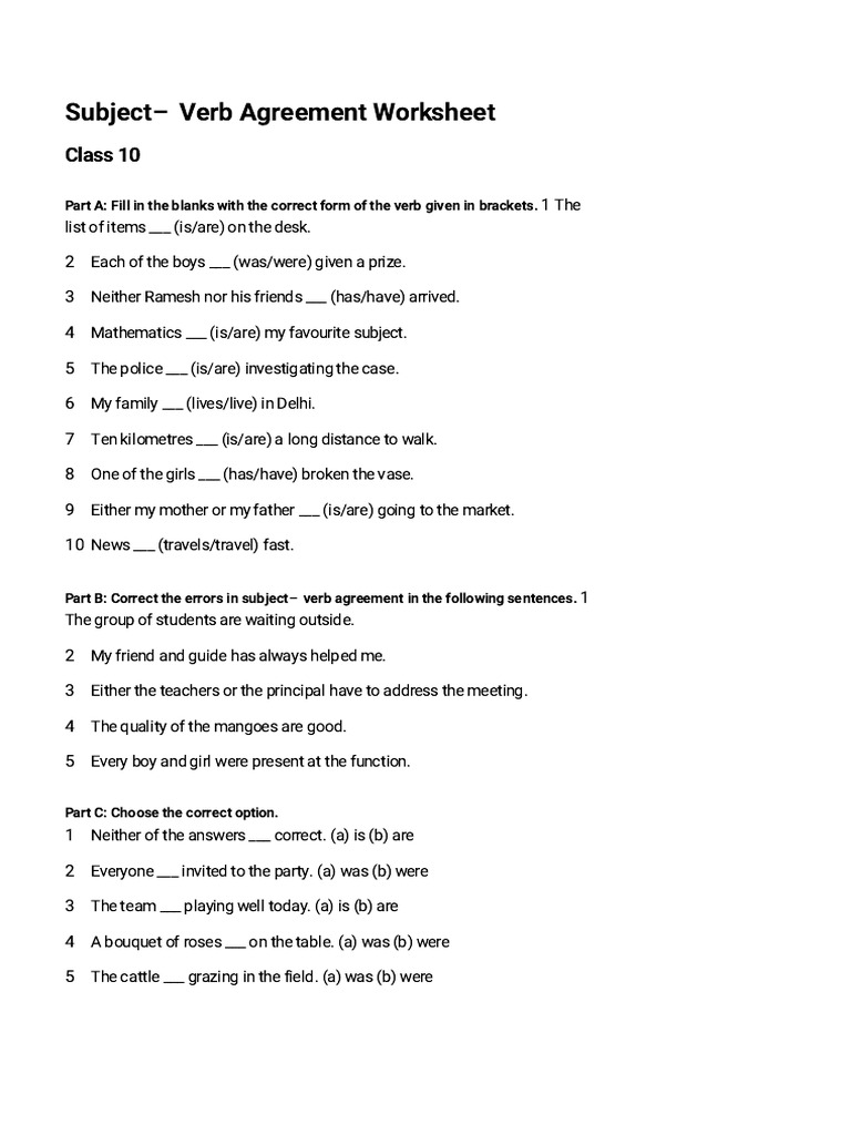 Class 10 Subject-Verb Agreement Worksheet | PDF
