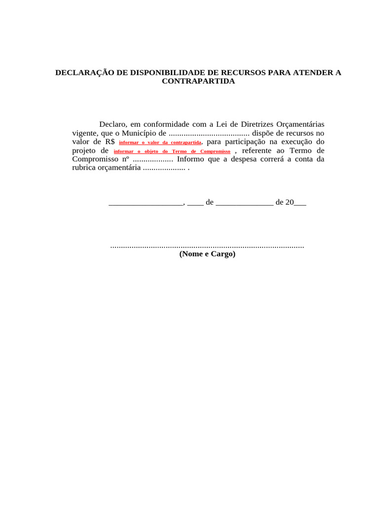 Declaração de Recursos para Contrapartida | PDF