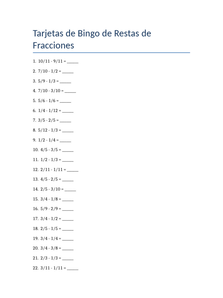 Restas Fracciones Bingo y Tablero | PDF