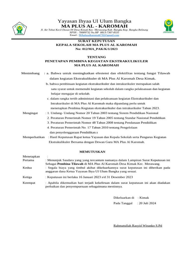 SK Penetapan Pelatih Tilawah | PDF