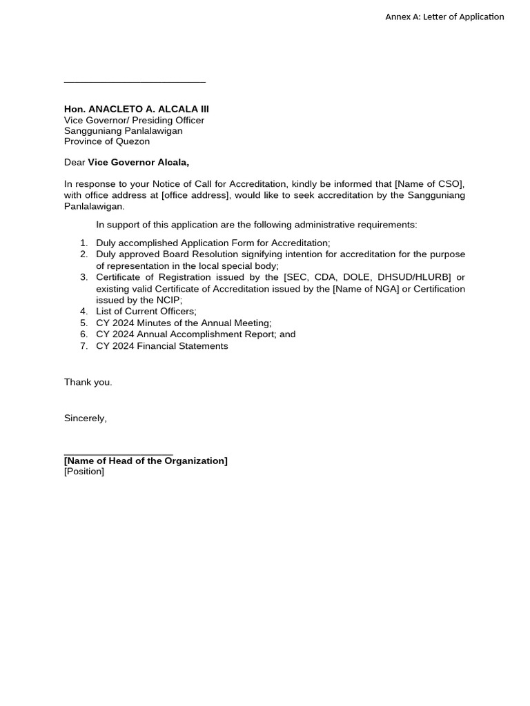1 Annex A Letter of Application | PDF