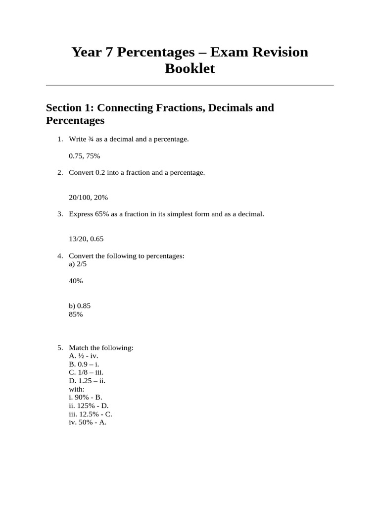 Year 7 Percentages Exam Revision Guide | PDF | Percentage