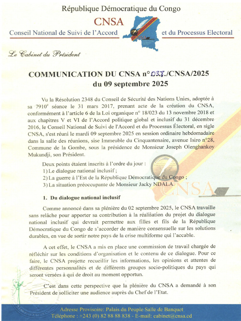 Communication Du CNSA N° 038-CNSA-025 Du 09 Septembre 2025 | PDF