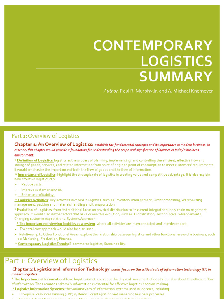 CONTEMPORARY LOGISTICS Chapter Summary | PDF | Logistics | Supply Chain ...