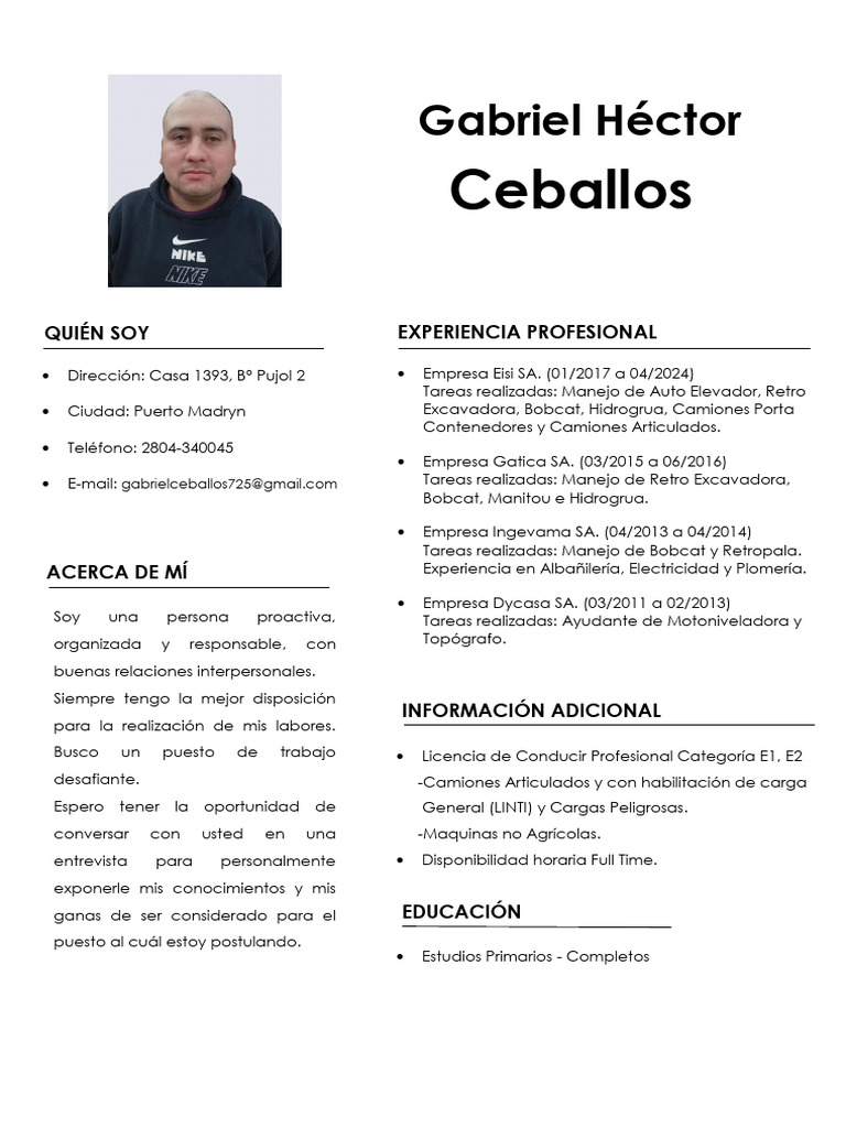 CV de Gabriel Ceballos: Experiencia en Maquinaria | PDF