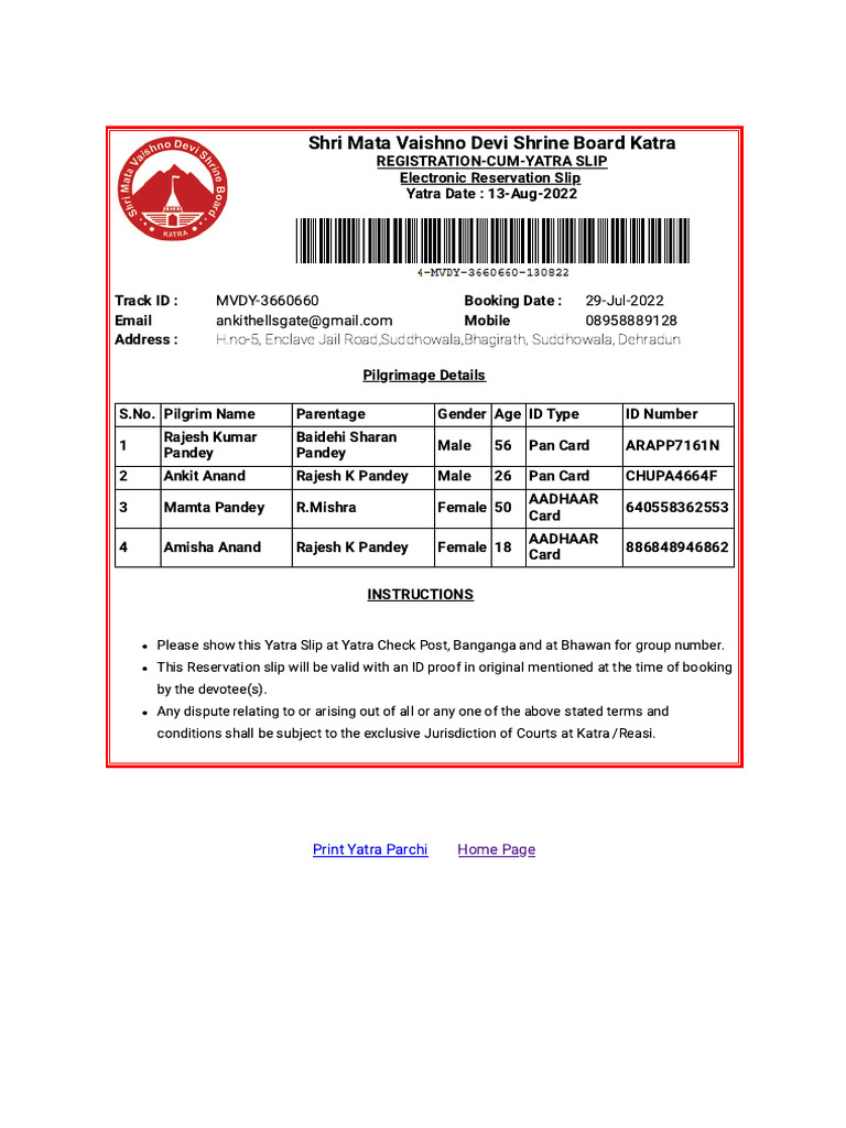 Shri Mata Vaishno Devi Shrine Board Yatra Parchi Services | PDF