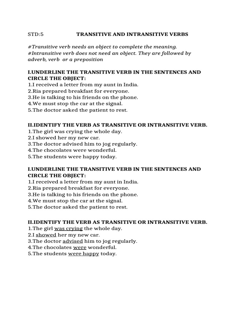 Transitive&Intransitive Verb STD 5 | PDF